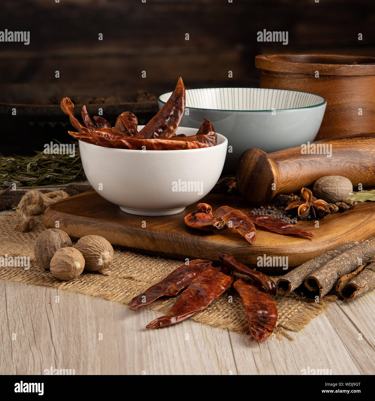 Cayenne Dried Chilli Chile pods in a bowl and food preparation and ...