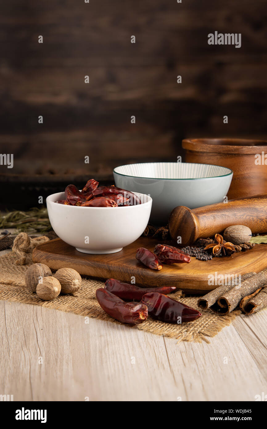 Datero chilli chile pods dried in a bowl and food preparation and ...