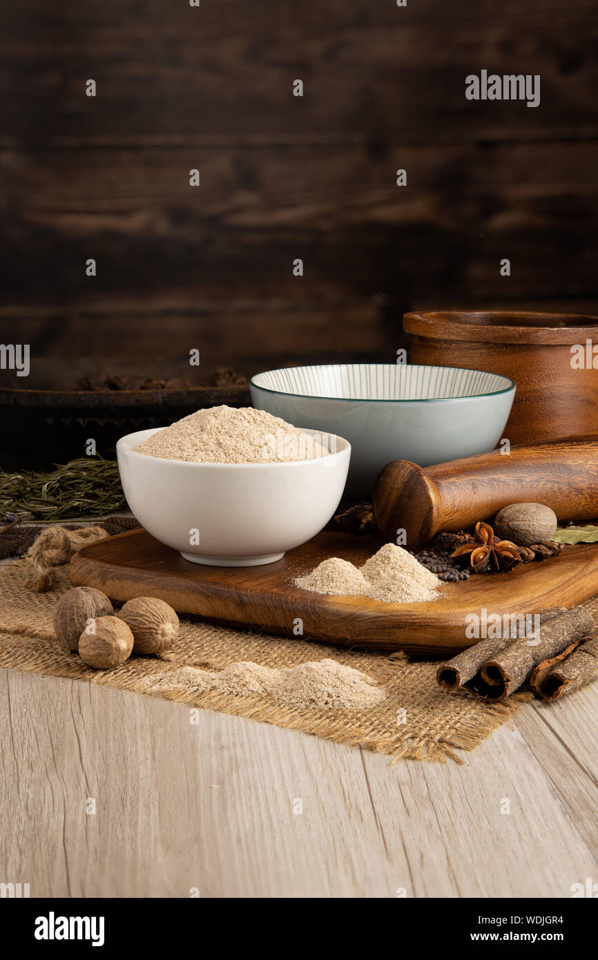 Psyllium Husk in a bowl and food preparation and kitchen set Stock ...