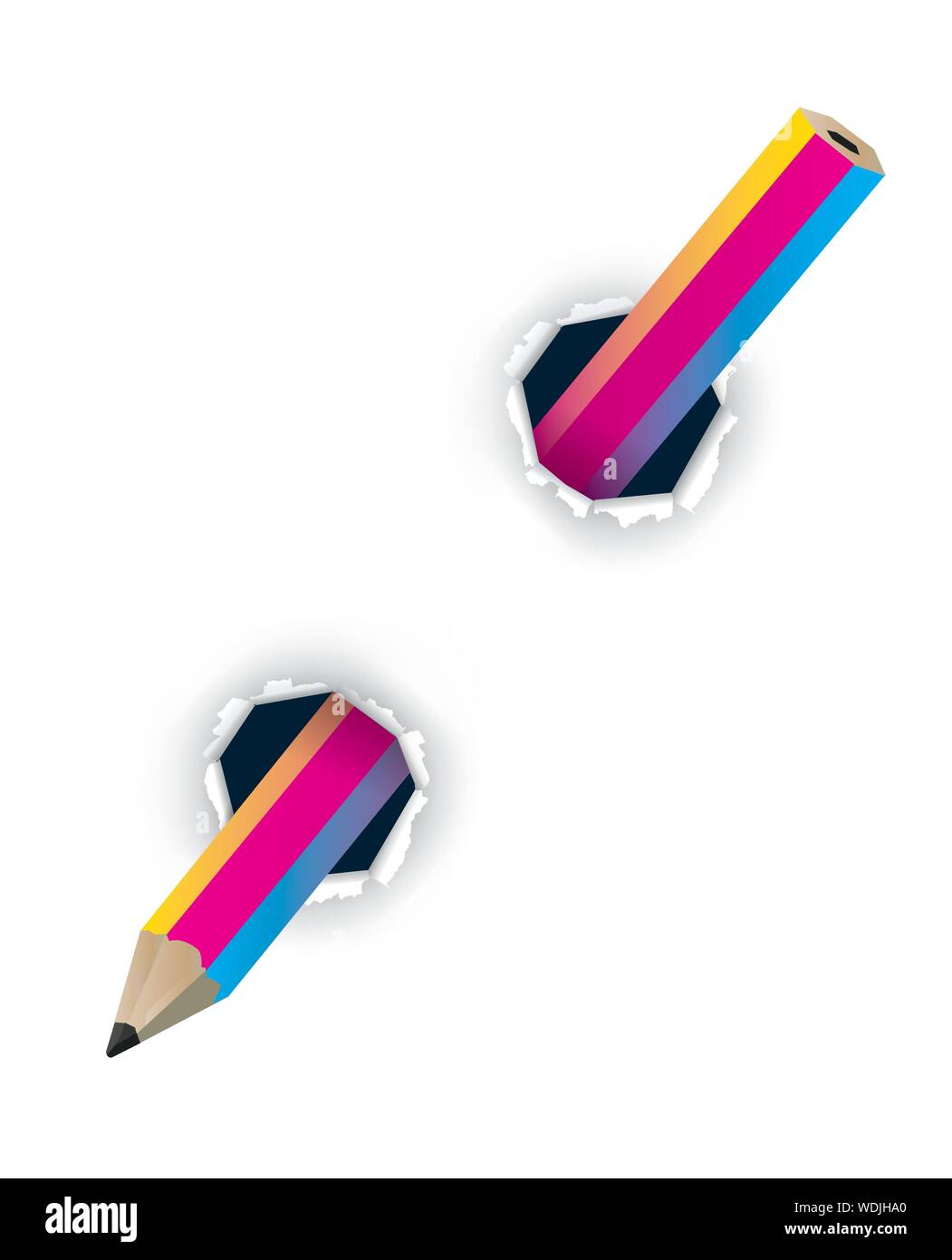 Colorful creative pencil,in holed paper. Illustration of torn paper ...