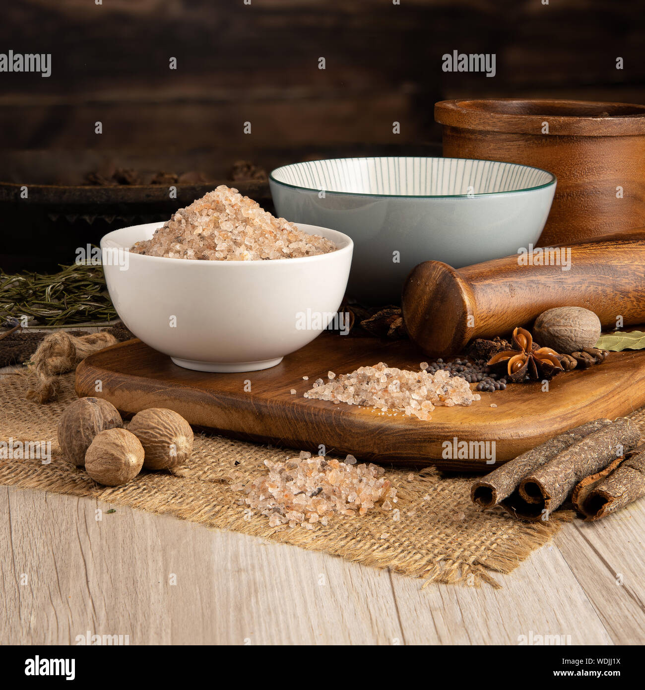 Alpine Salt in a bowl and food preparation and kitchen set Stock Photo ...