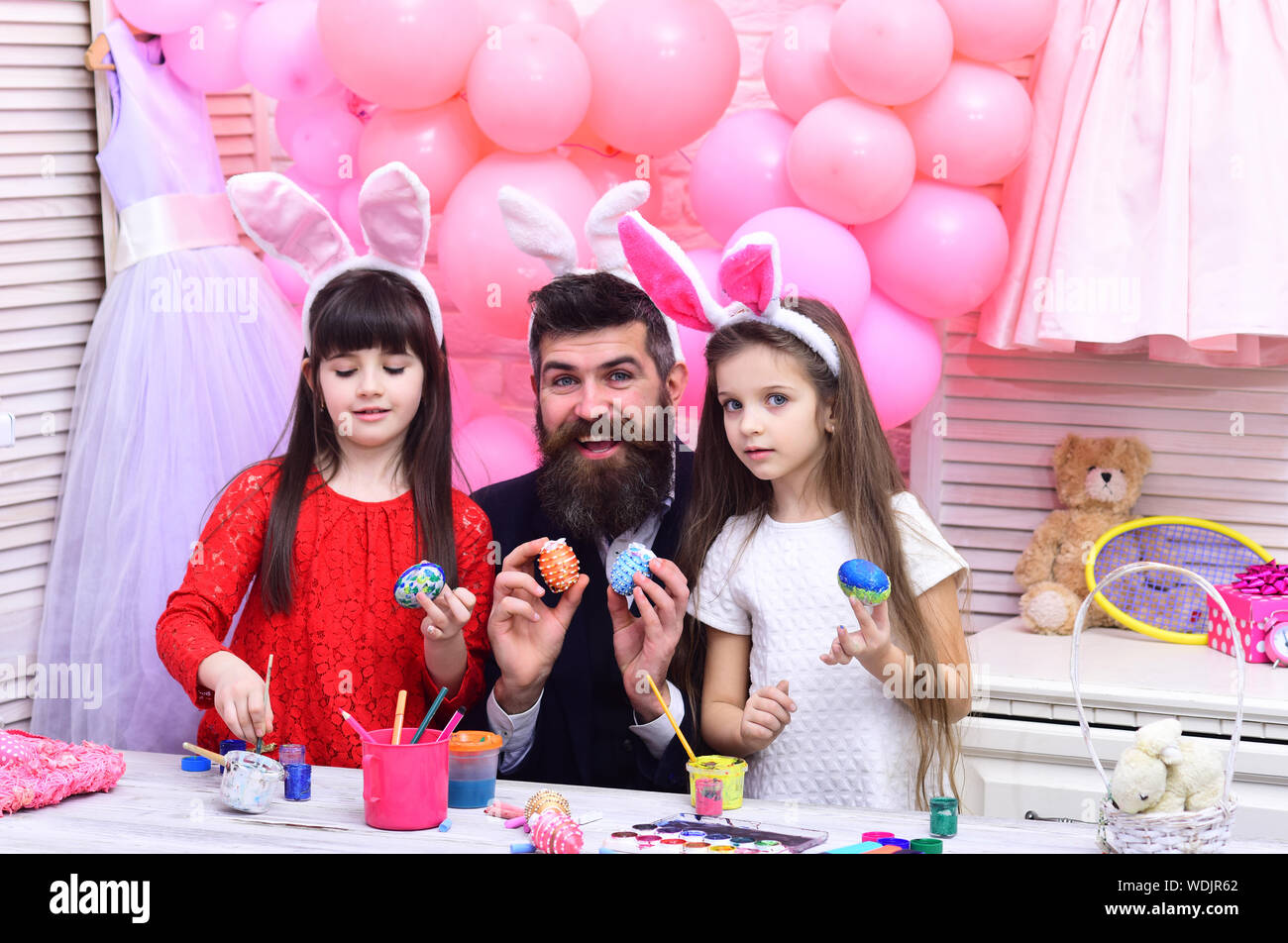 Family values, childhood, art. Happy family celebrate spring holiday ...