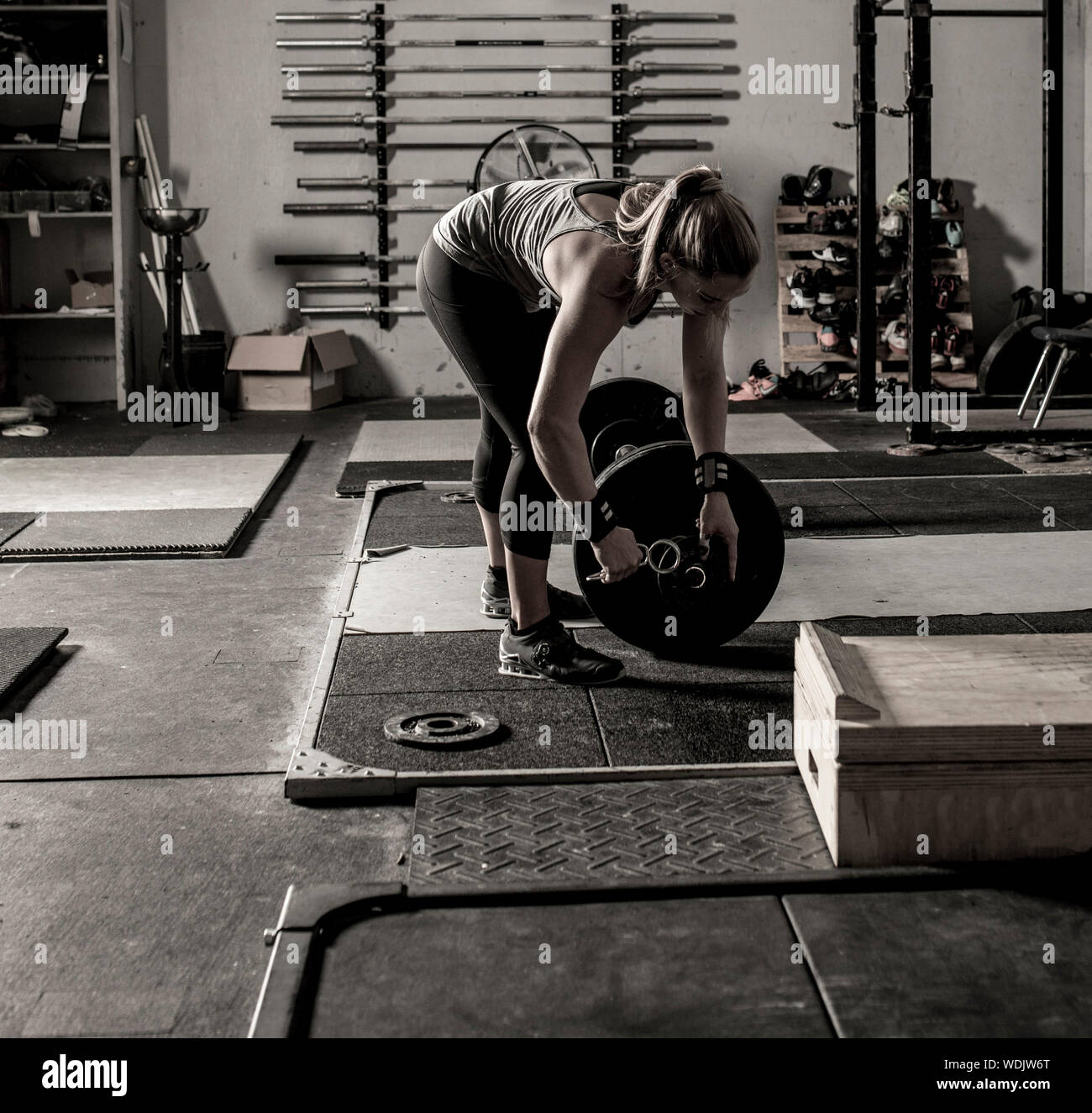 Dramatic shot of female weight lifter loading weights onto barbell ...