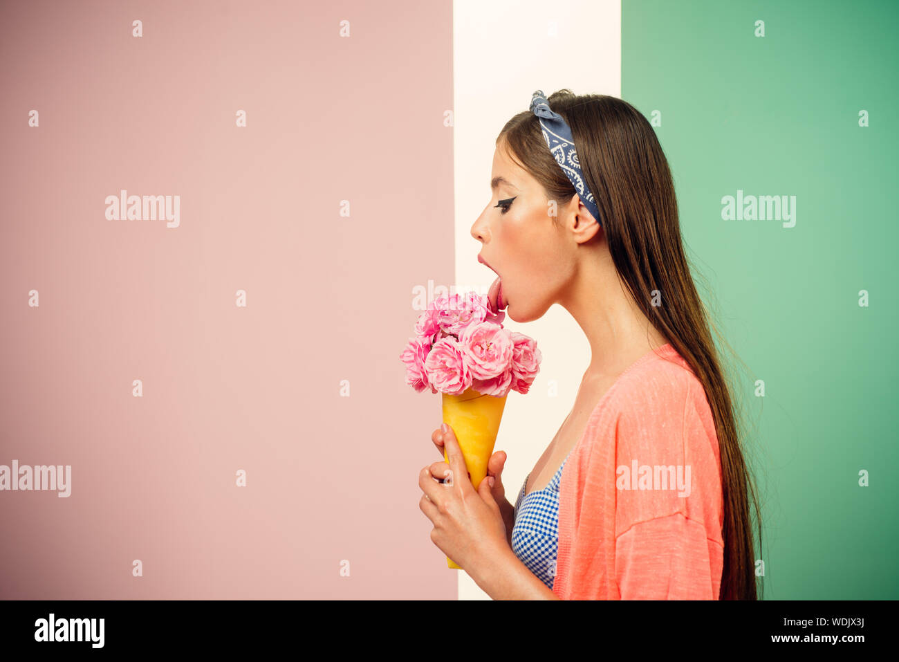 flower bouquet. Florist. Summer. pin up woman with trendy makeup. pinup ...