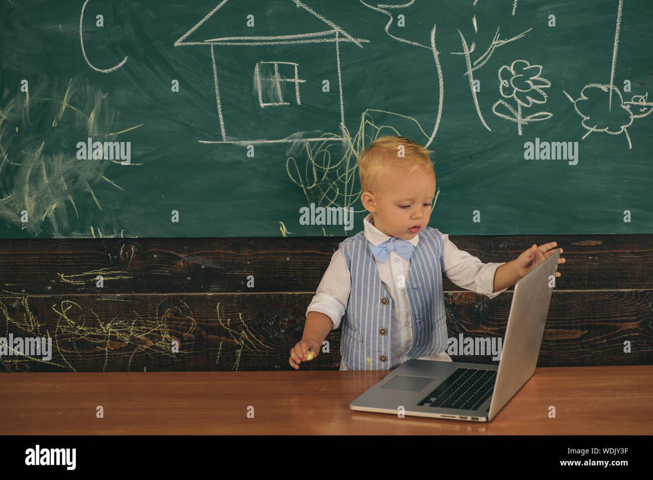 Little boy learning in computer class at primary school. Toddler use ...