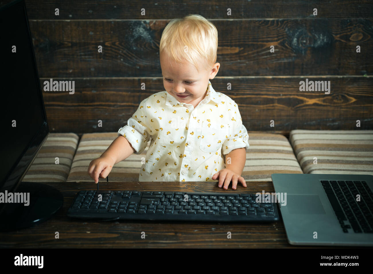 Preschool child use laptop to get access to online education. Little ...