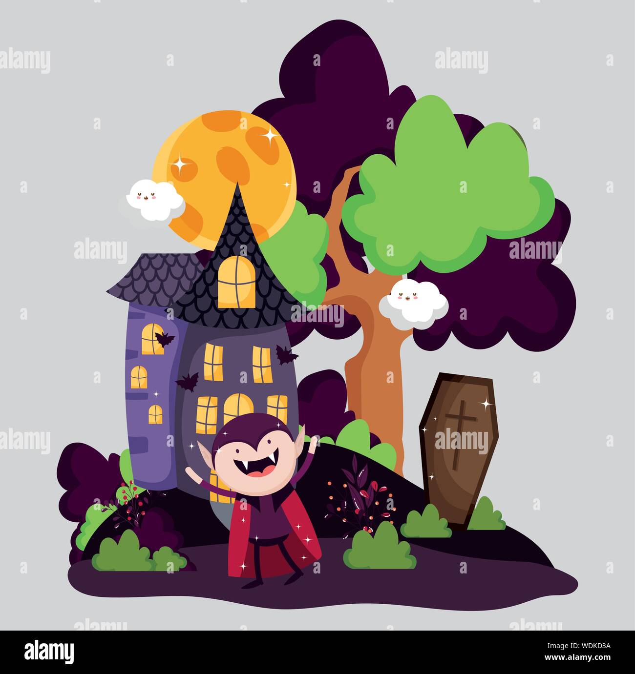 vampire coffin creepy castle cartoon trick or treat - happy halloween ...