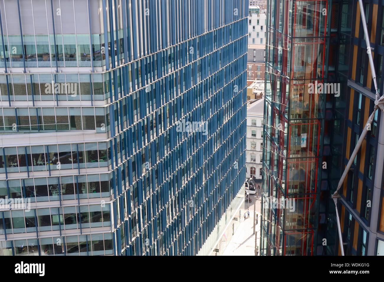 London, UK - 29 August 2019: Blue fin building and high rise apartments ...