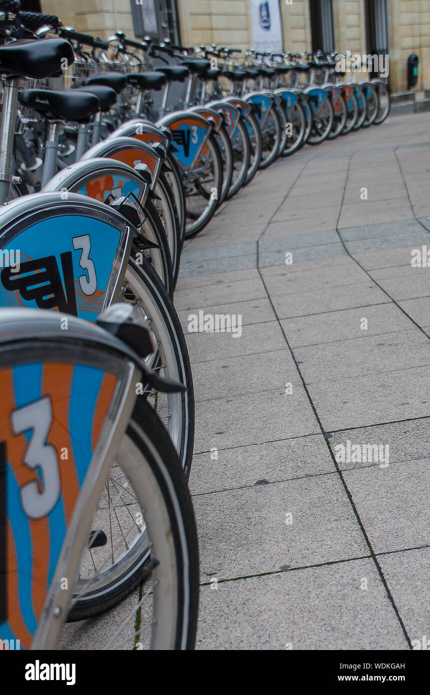 Bicycle rental stand in Bordeaux, France, in September 2013 Stock Photo ...