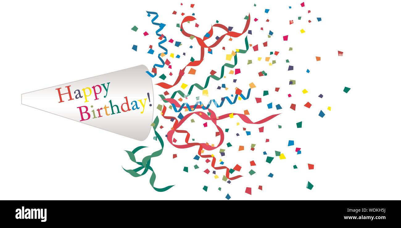 Birthday trumpet with multi-colored streamers and confetti Stock Vector ...