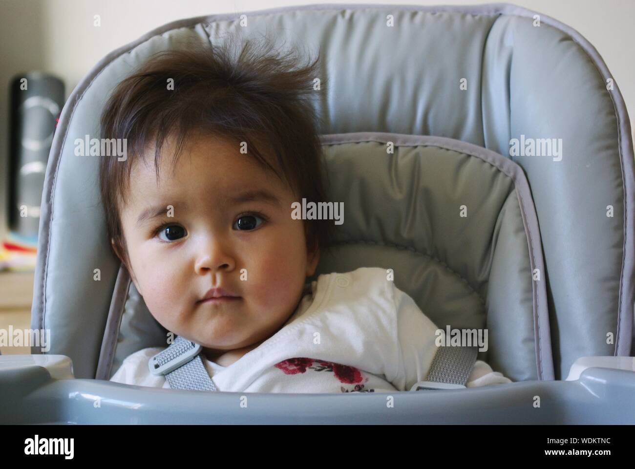 Portrait Of Cute Girl Sitting In High Chair Stock Photo - Alamy