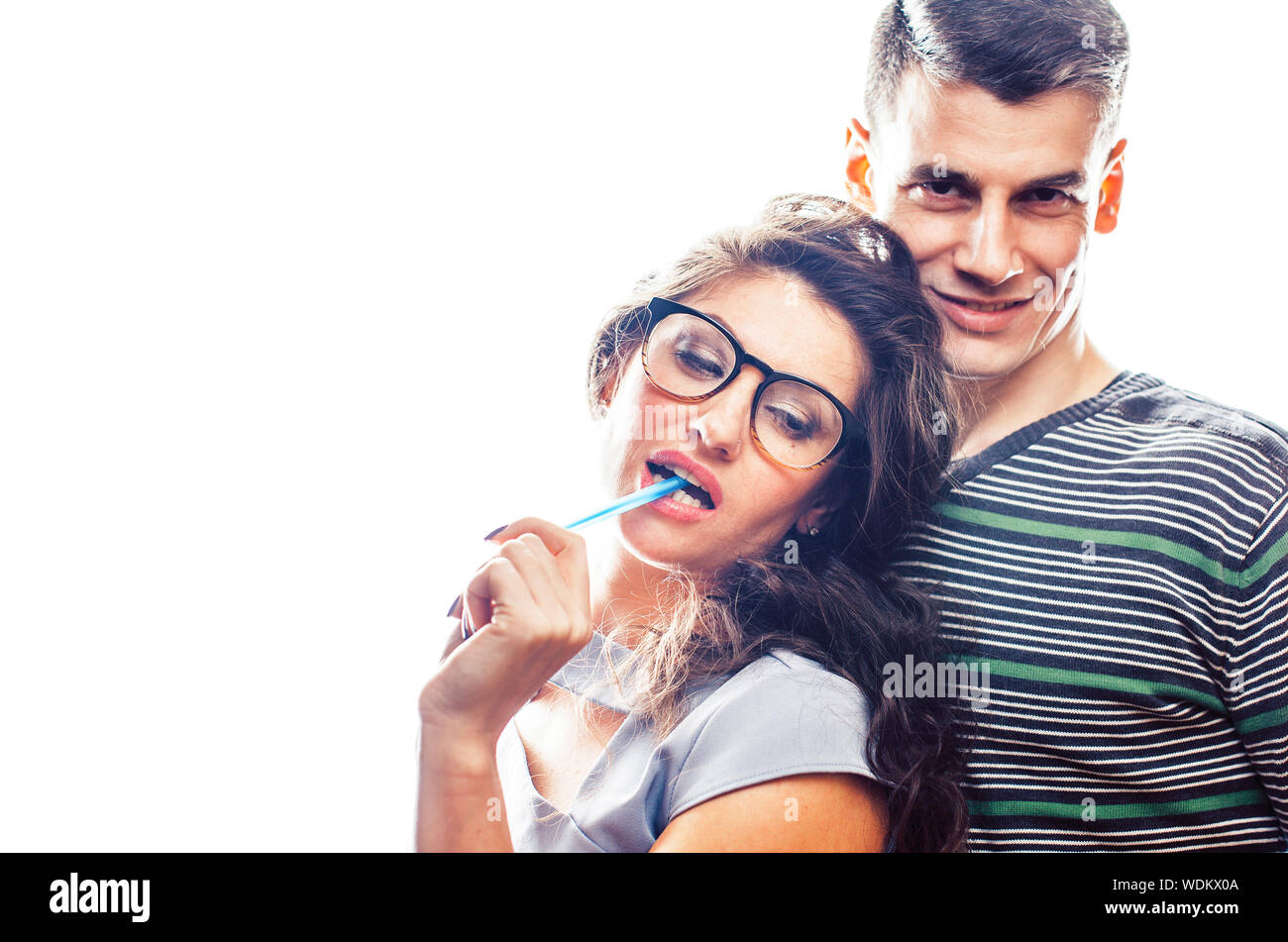 love affair at work, young pretty couple, man and woman together ...