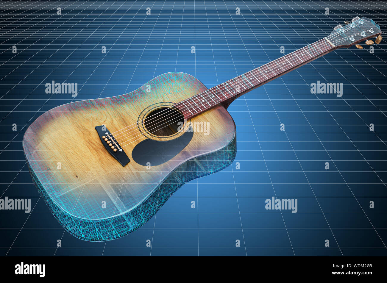 Visualization 3d cad model of acoustic guitar, blueprint. 3D rendering ...