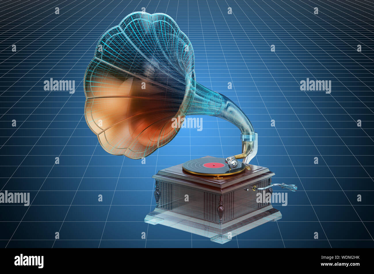 Visualization 3d cad model of retro phonograph, vintage gramophone ...