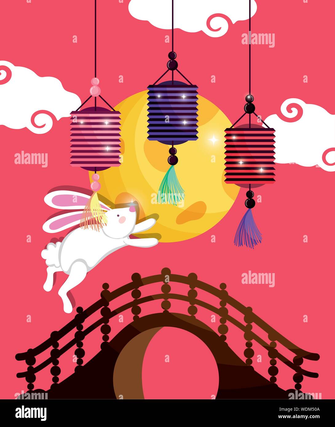 rabbit jump in the bridge lantern happy moon festival vector ...
