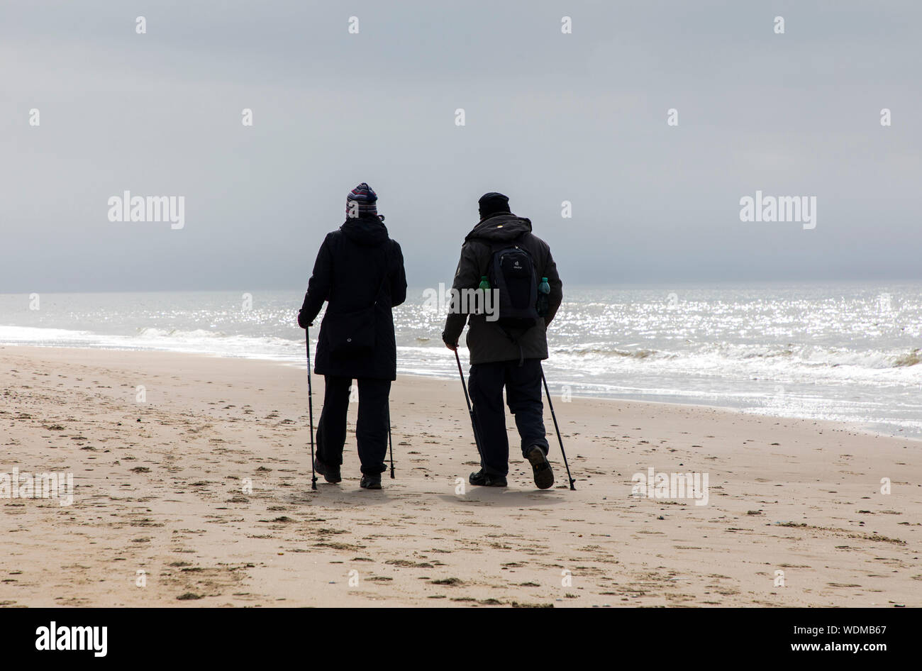 Walker on the North Sea beach of Egmond aan Zee, North Holland ...