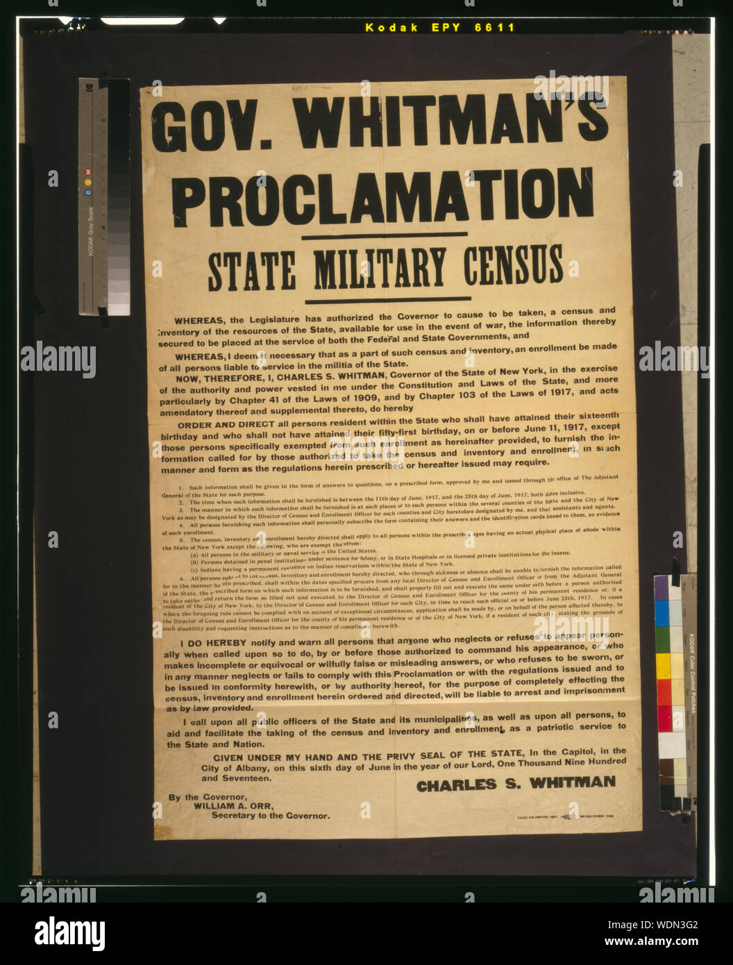 Gov. Whitman's proclamation--State military census Abstract: Poster is ...