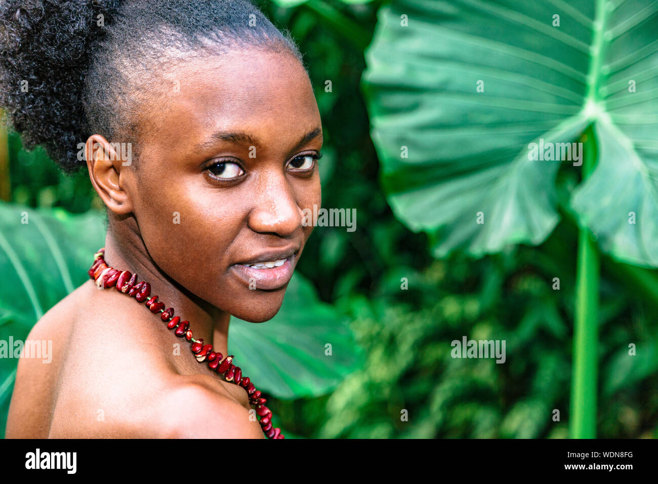 African girl stands in half-turn among big leaves Stock Photo - Alamy
