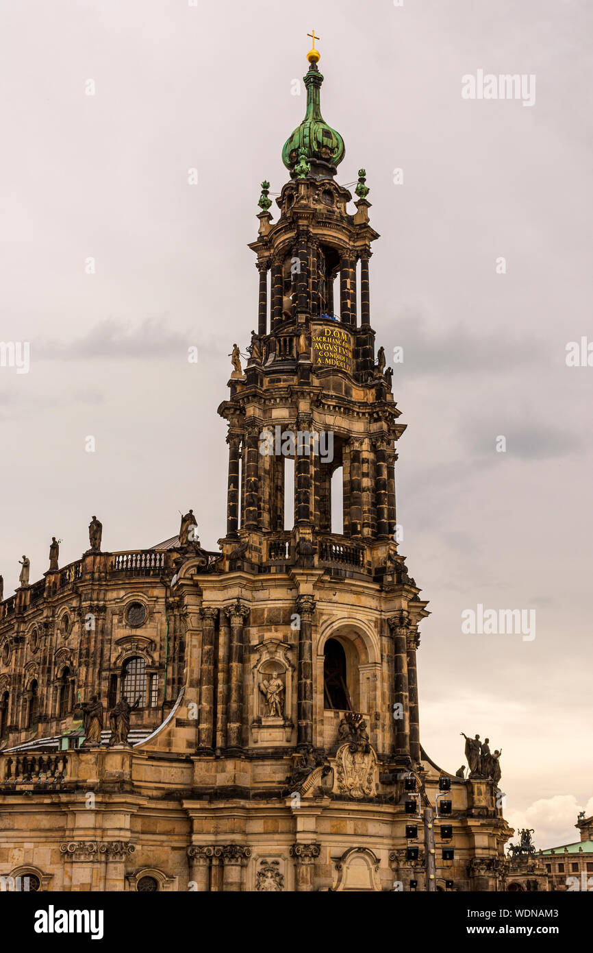 Bell tower of the Dresden Cathedral, the Cathedral of the Holy Trinity ...