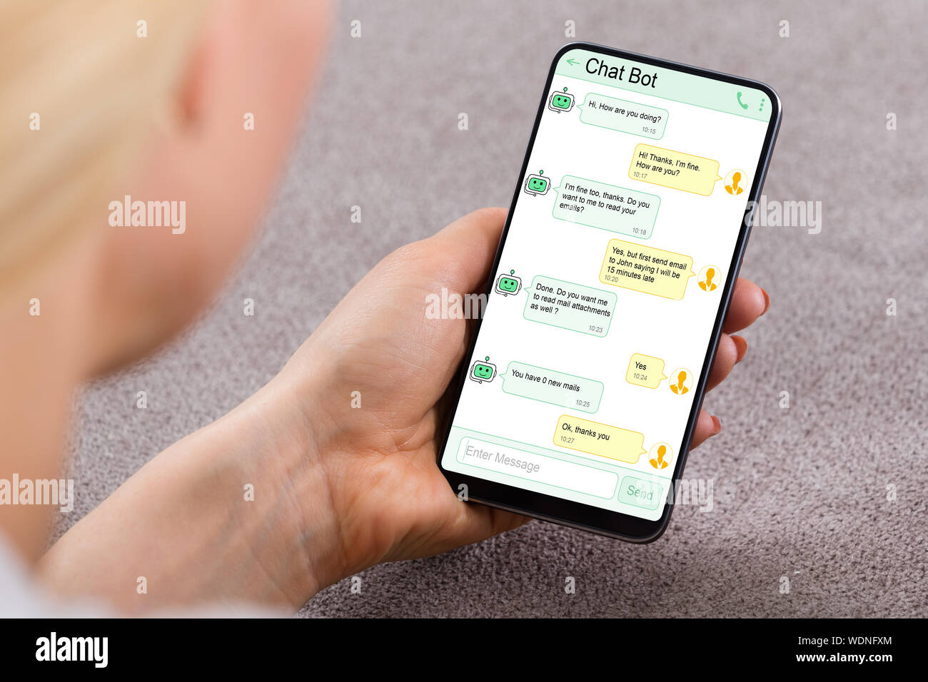 Close-up Of Woman Using Chat Bot Application For Chatting On Smartphone ...