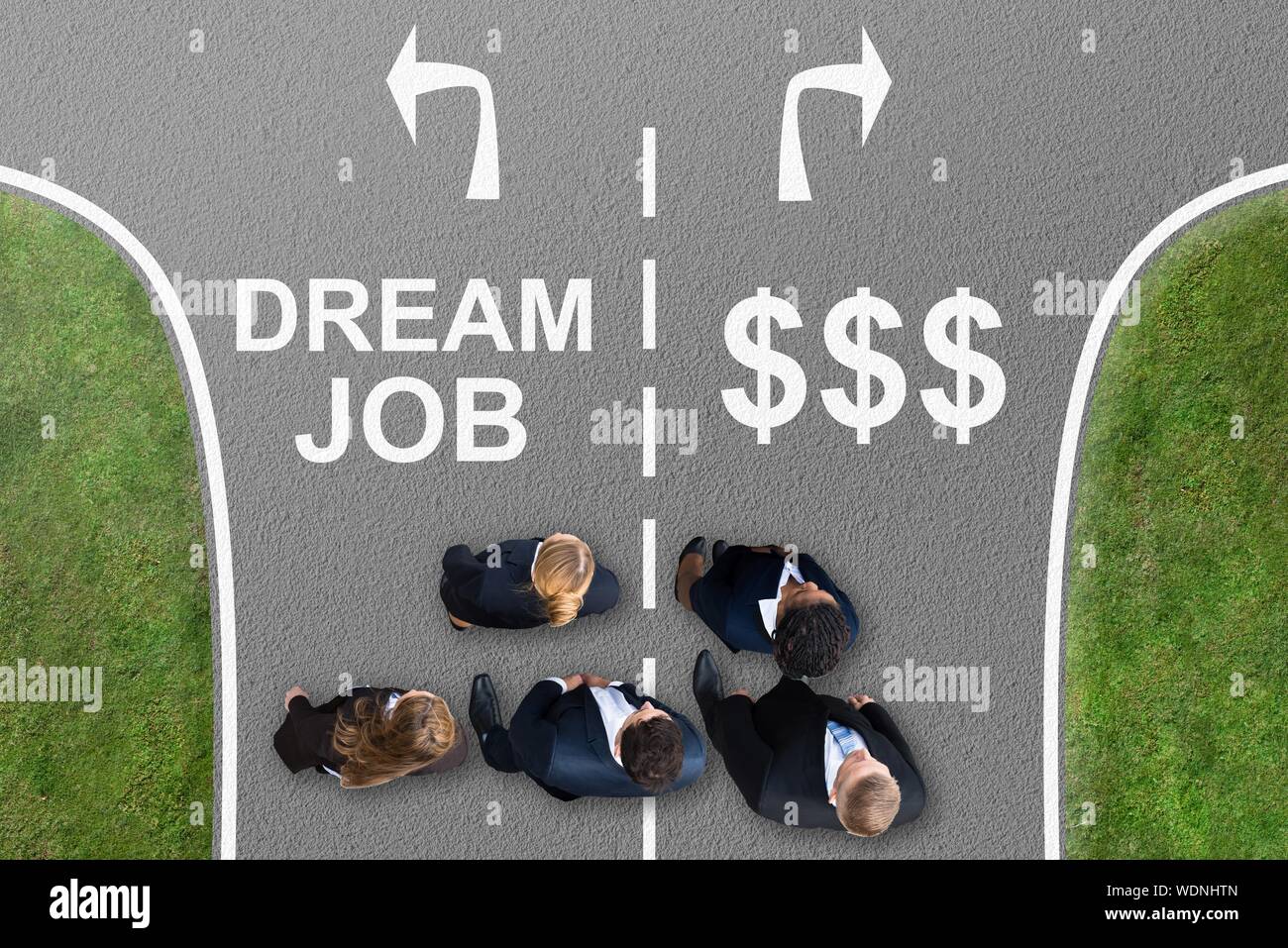 Businesspeople Standing On Street With Arrow Sign Showing Dream Job And ...