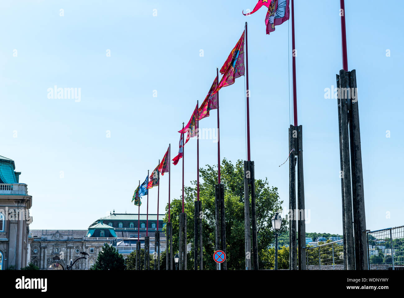 Budapest, Hungary - August 11, 2019; Colorful national flags on Szent ...