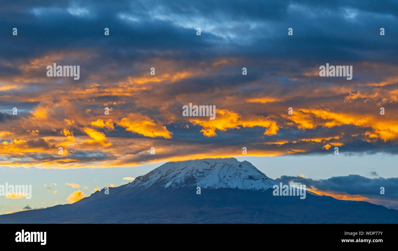 The Chimborazo volcano and Andes mountain peak at sunset is the highest ...