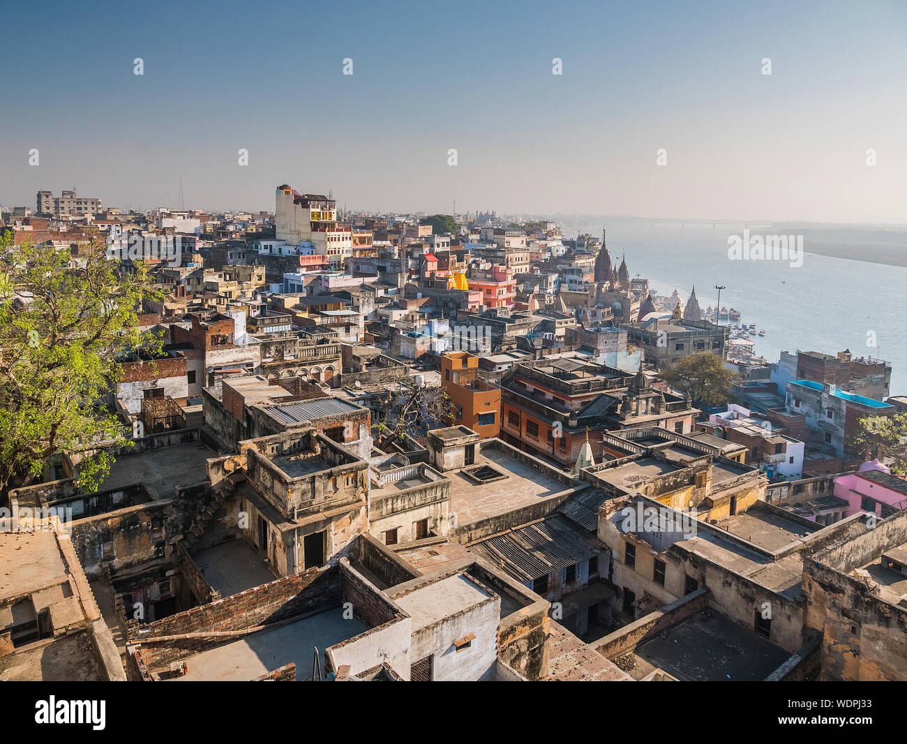 Rooftop View of downtown Varanasi and the Ganges River, Uttar Pradesh ...