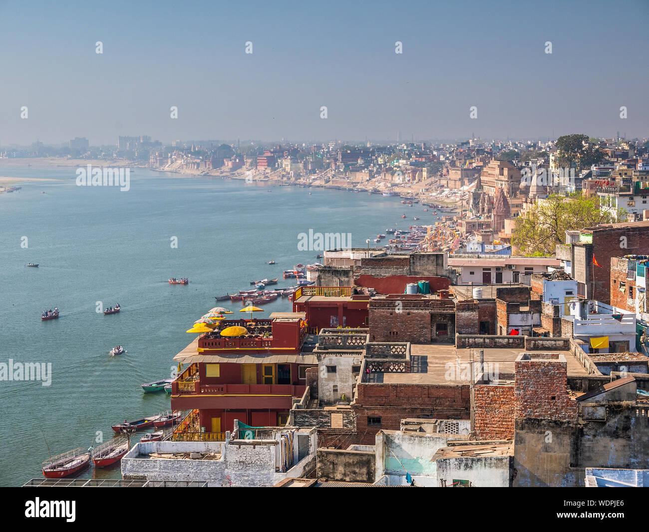 Rooftop View of downtown Varanasi and the Ganges River, Uttar Pradesh ...