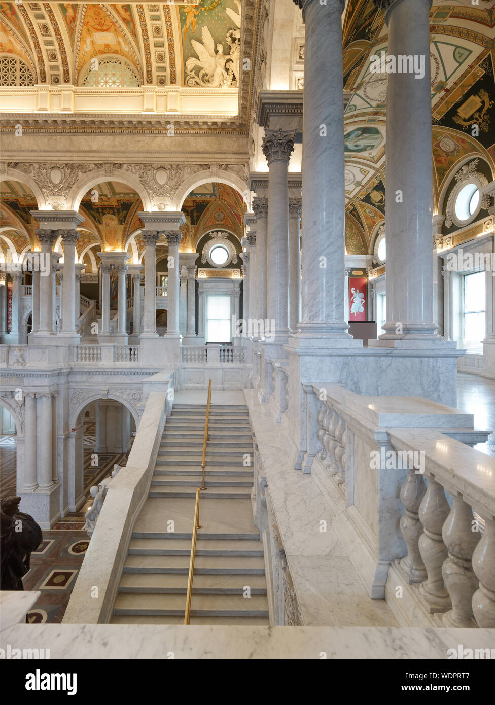 Great Hall. View of grand stairway from the second floor west corridor ...