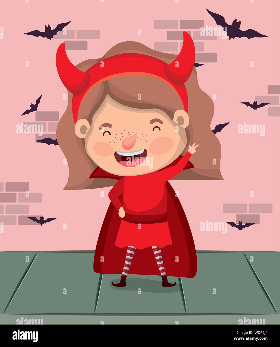 little girl with devil costume and bats flying in wall Stock Vector ...