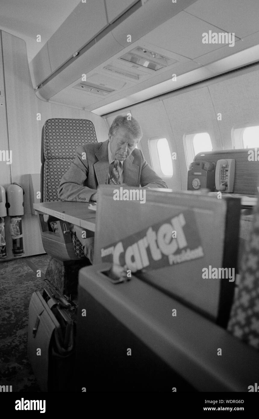 Democratic presidential nominee Jimmy Carter aboard his campaign plane ...
