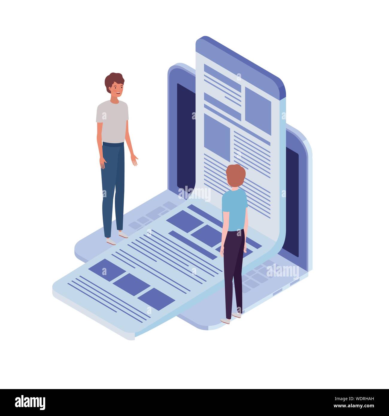 men with laptop and sheets of paper on white background Stock Vector ...