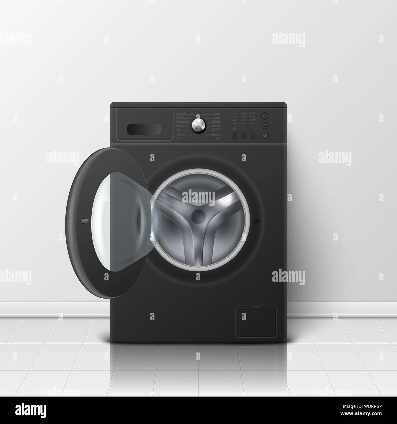 Vector 3d Realistic Modern Black Steel Opened Washing Machine Closeup ...