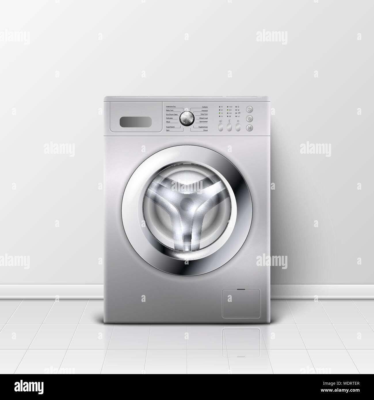 Vector 3d Realistic Modern Silver Steel Closed Washing Machine Closeup ...