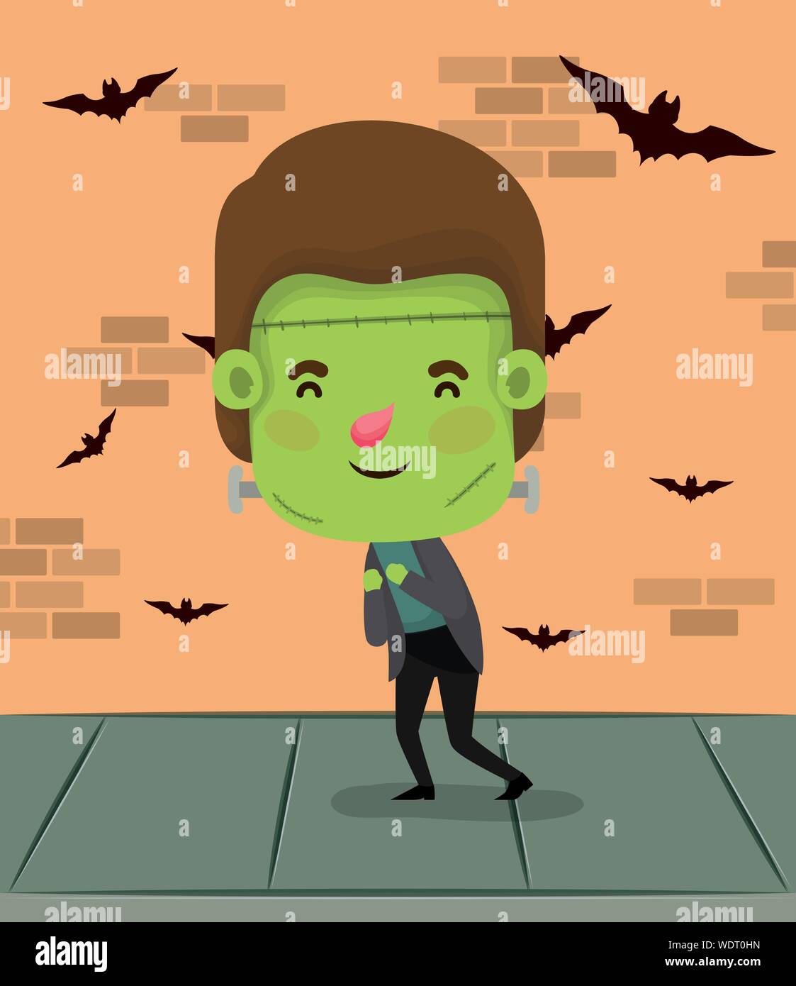 little boy with costume of frankenstein in wall and bats flying Stock ...