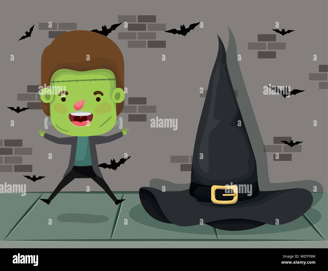 little boy with costume of frankenstein and witch hat Stock Vector ...