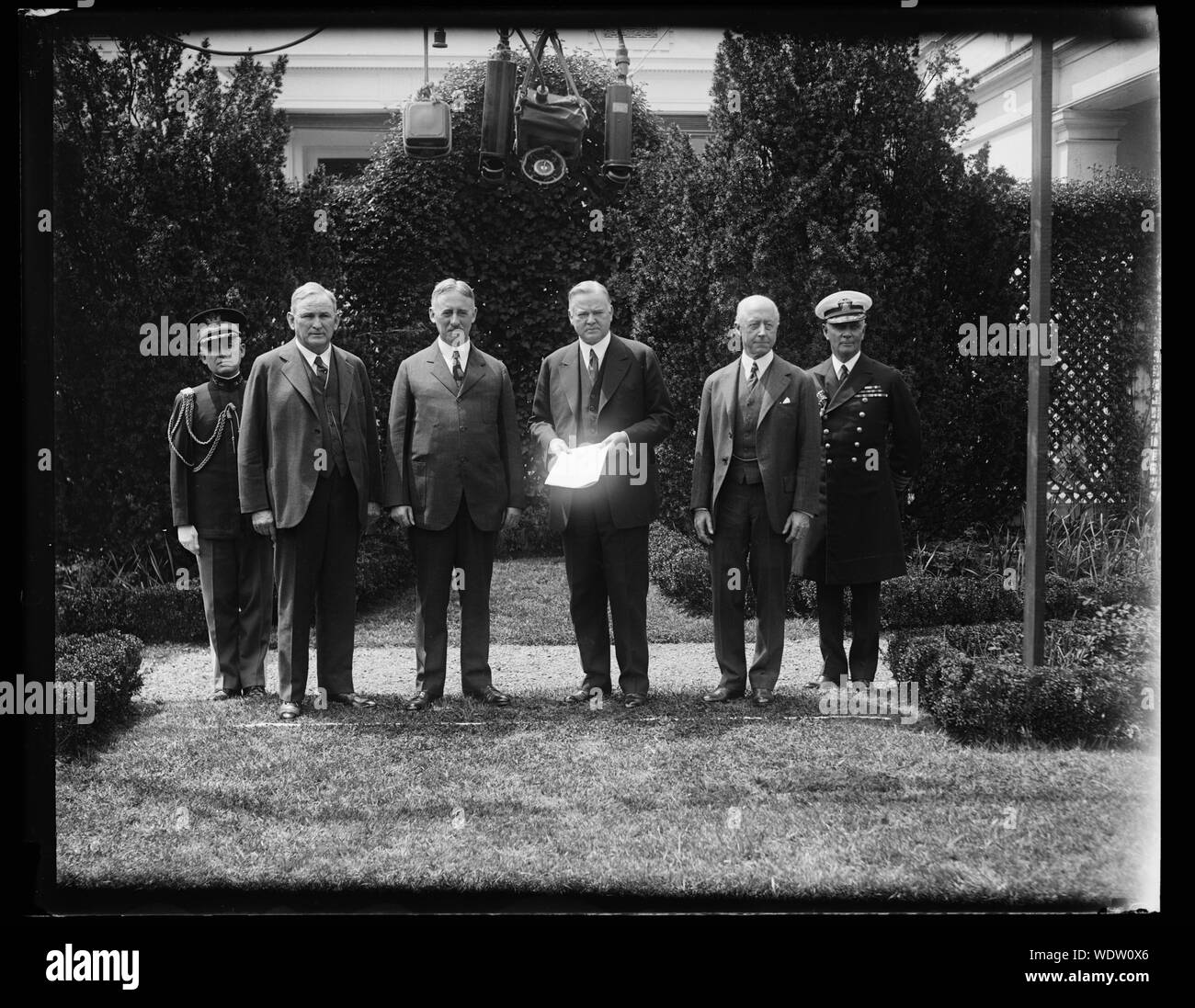 Group, including Henry Stimson, 3rd from left, Herbert Hoover, center ...