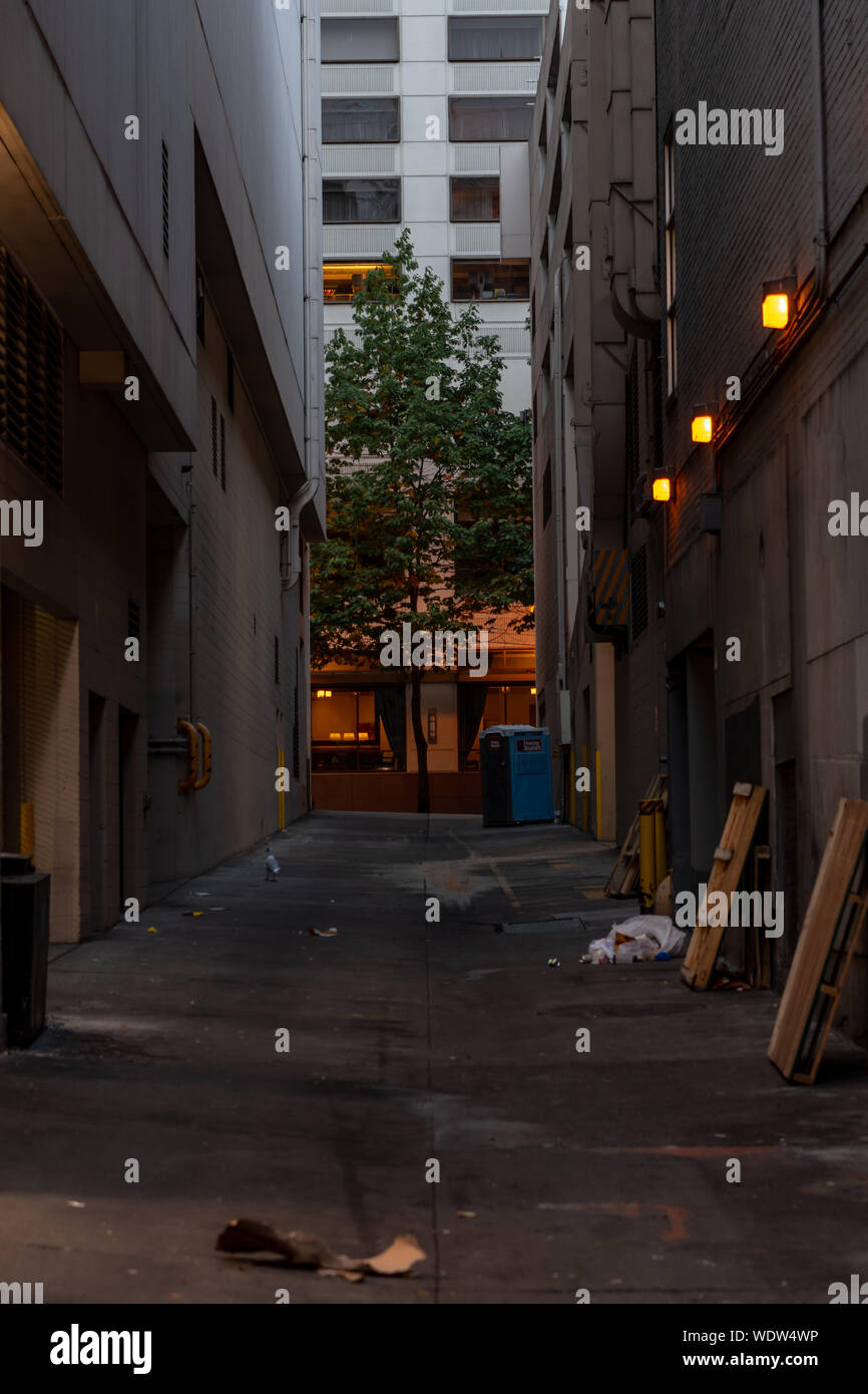 Urban Alley Sidewalk Between Two Buildings with pallets Stock Photo - Alamy