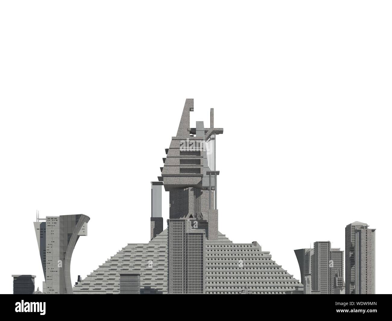 3D Illustration of futuristic buildings isolated on white background ...