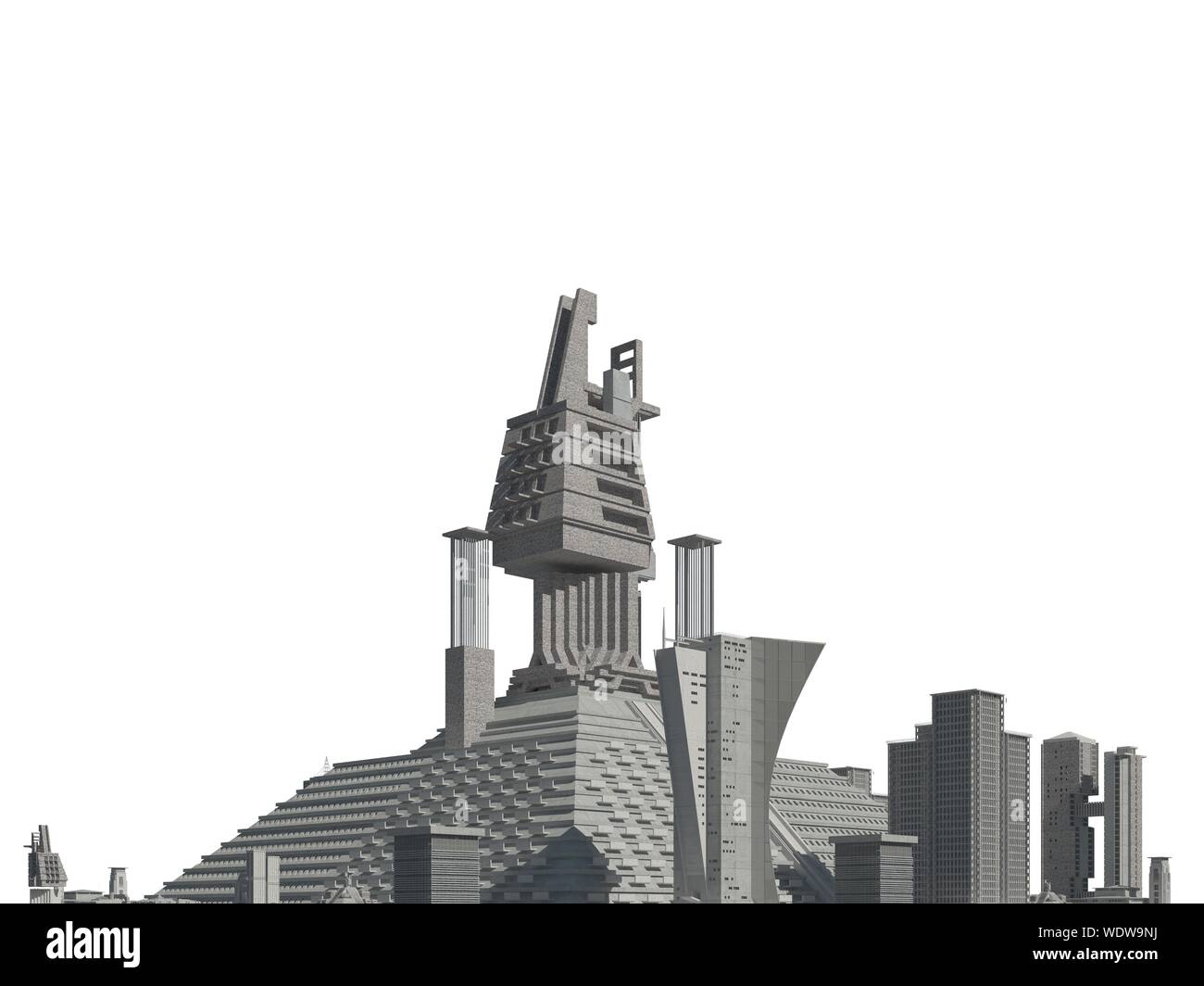 3D Illustration of futuristic buildings isolated on white background ...