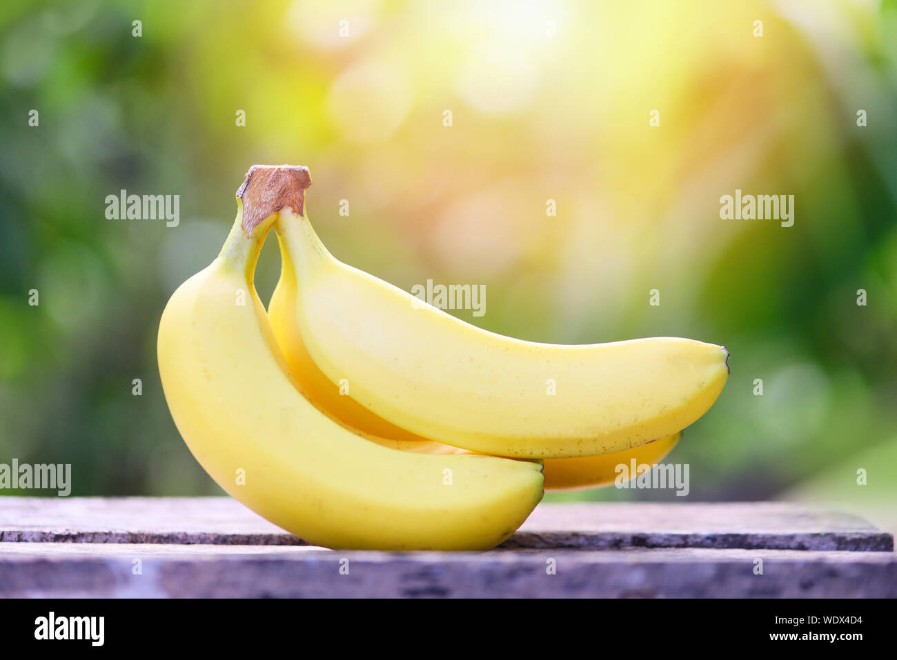 Fresh banana fruit summer on wooden and nature garden background Stock ...