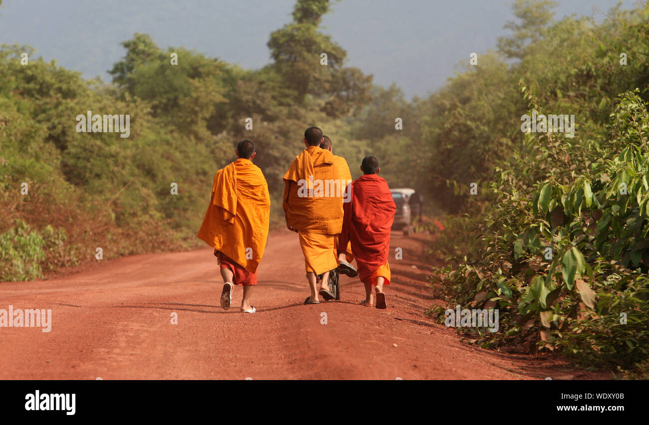 Rear view of monks walking on the road hi-res stock photography and ...