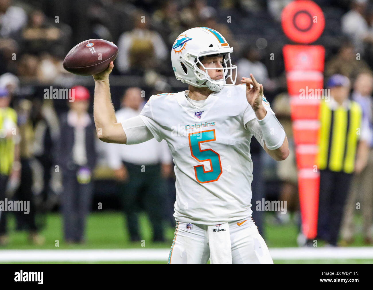 August 29, 2019: Miami Dolphins quarterback Jake Rudock (5) attempts a ...