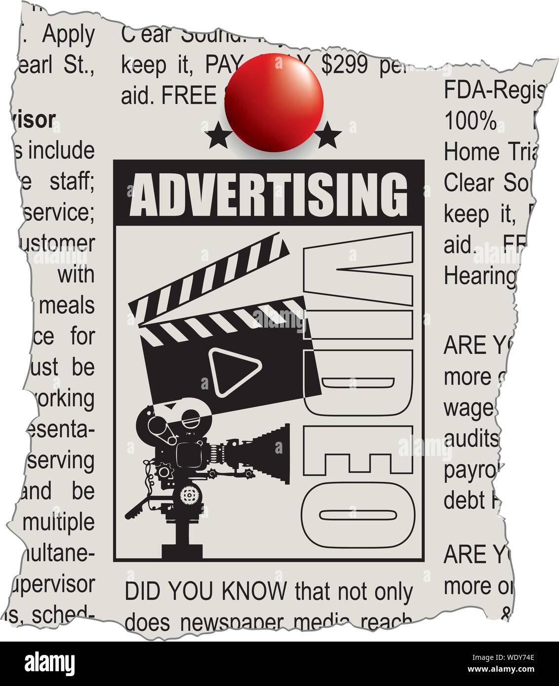 Newspaper ad video advertisement with camera and movie clapperboard ...