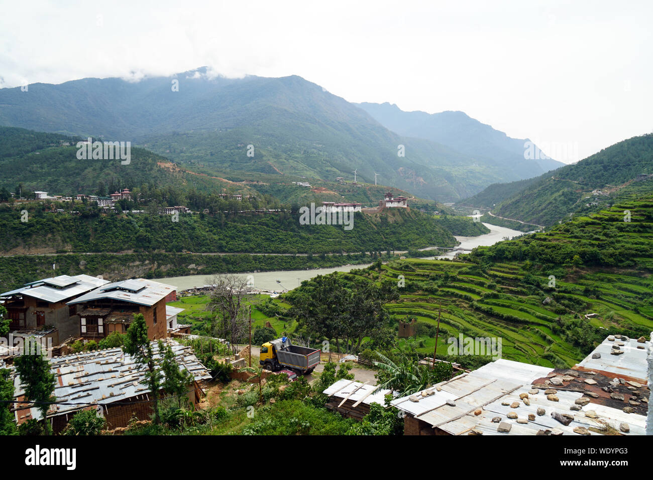 Wangdue Phodrang Dzong seen from Rinchengang village in Wangdue ...