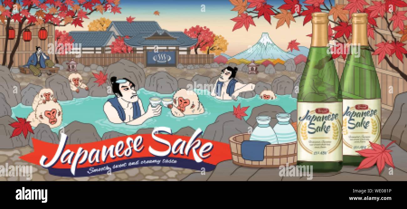 Japanese sake ads in ukiyo-e style with men and cute monkey enjoying ...