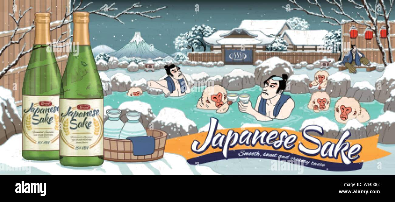 Japanese sake ads in ukiyo-e style with men and cute monkey enjoying ...