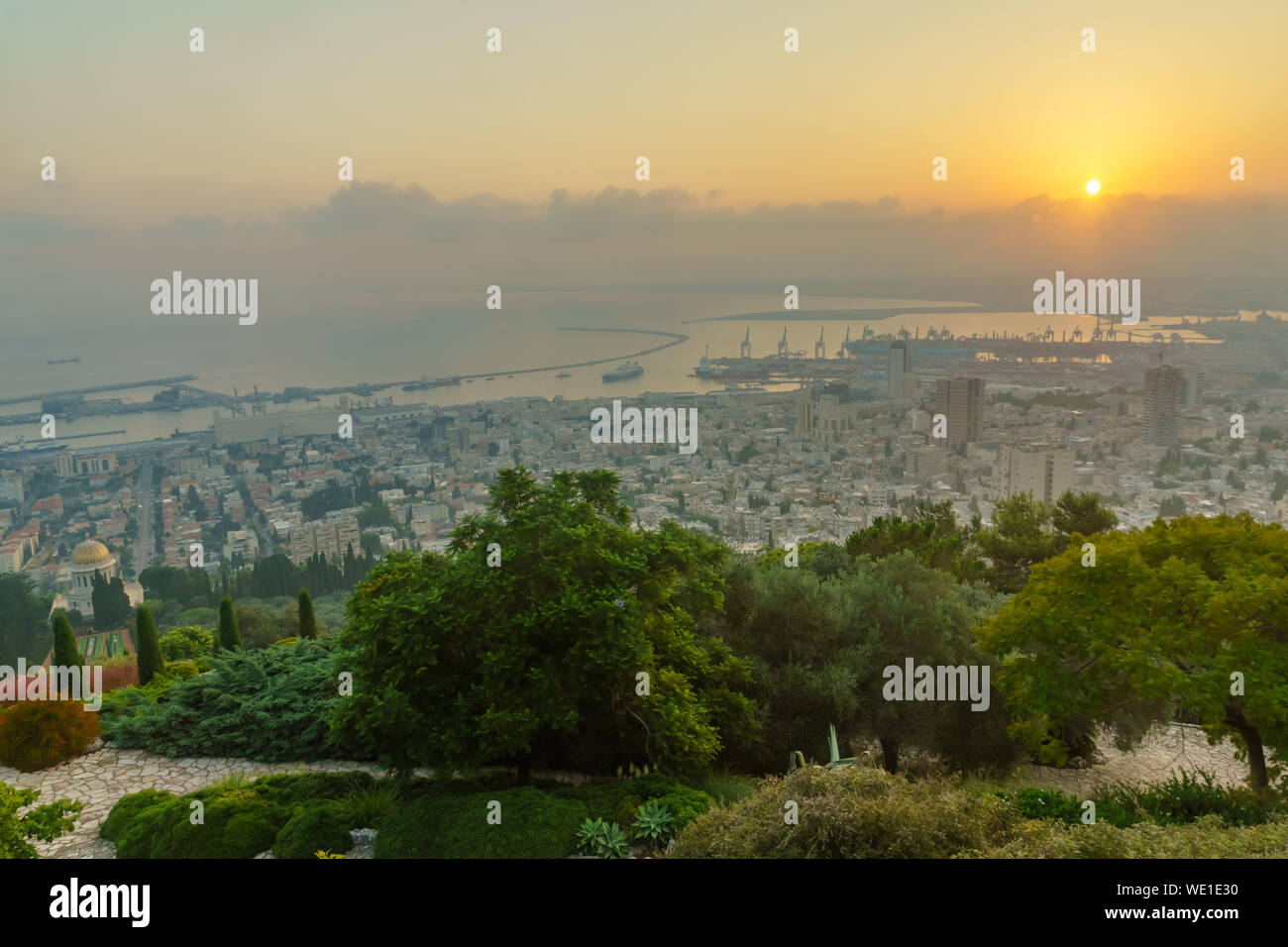 Sunrise view of the downtown, the port, the bay and the Bahai Shrine ...