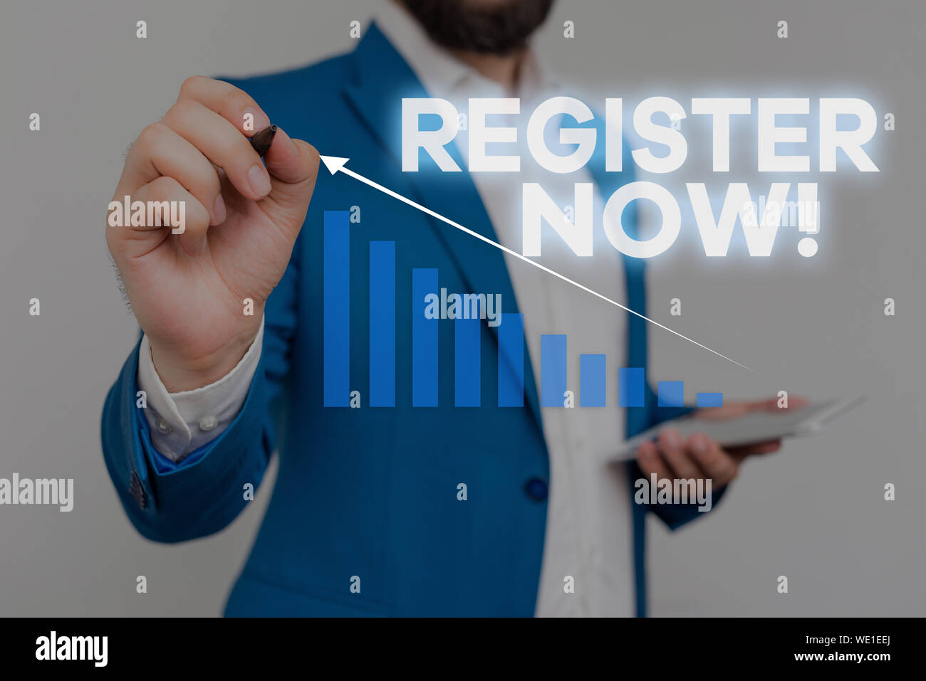 Writing note showing Register Now. Business concept for official list ...